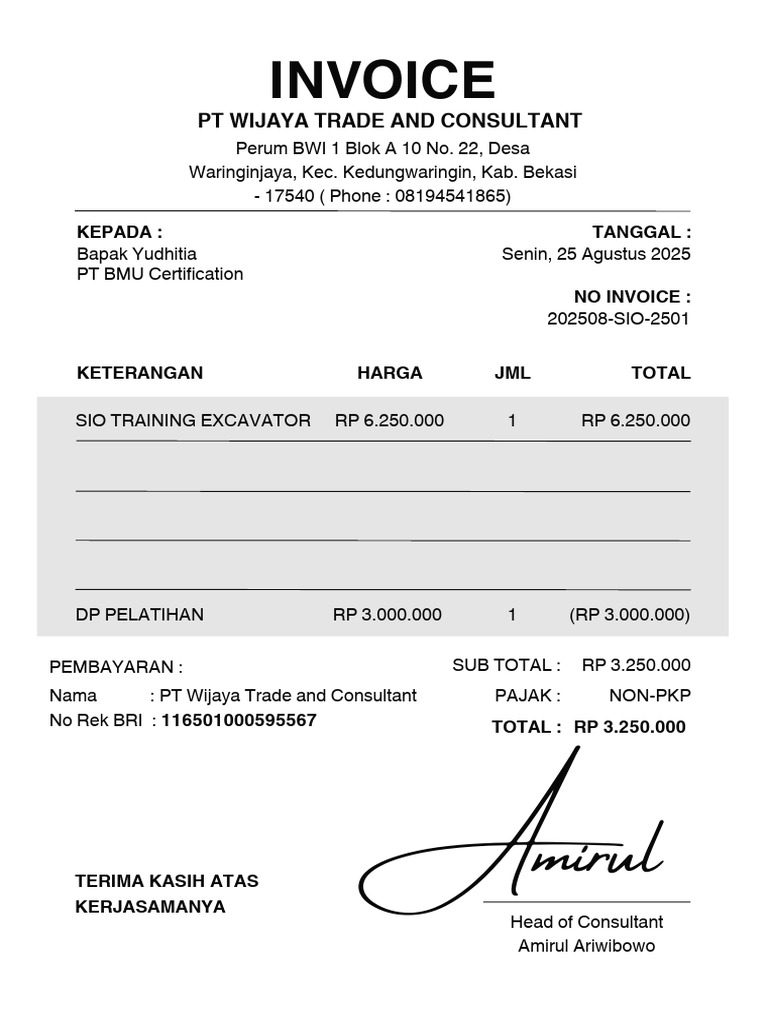 Invoice Pelatihan Excavator PT Wijaya | PDF