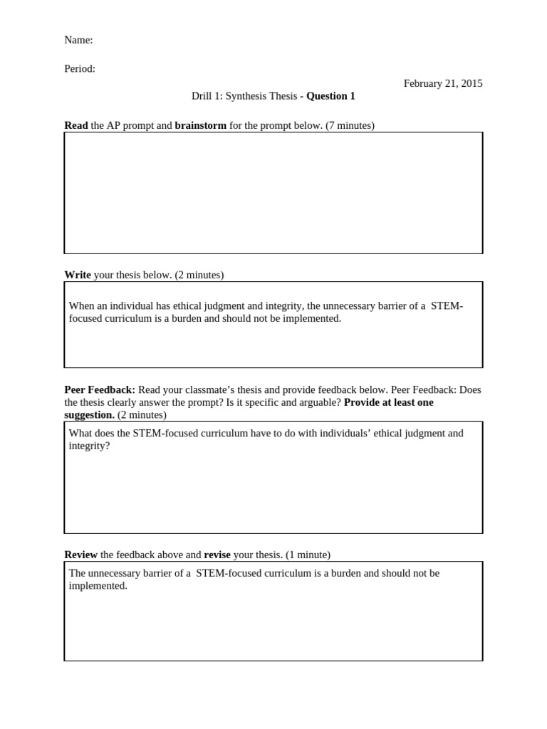 Thesis Drills and Timed Practice Worksheet | PDF