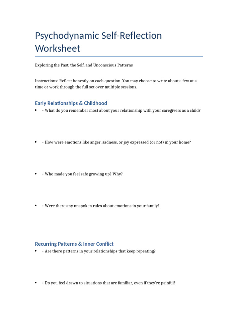 Psychodynamic Self-Reflection Worksheet | PDF