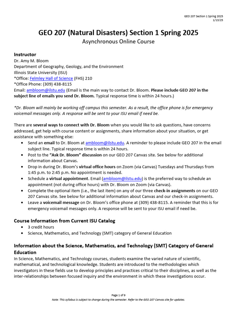 GEO 207 Natural Disasters Syllabus 2025 | PDF | Science | Natural Disasters