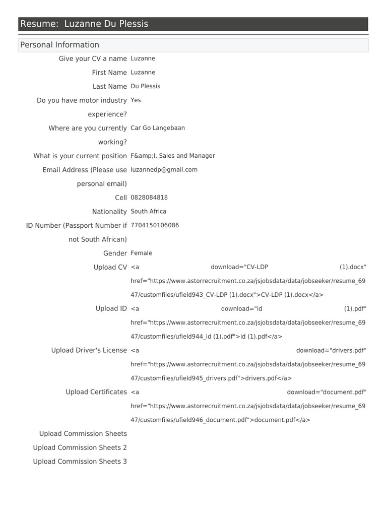 Luzanne Du Plessis - Motor Industry CV | PDF | Transport | Vehicles
