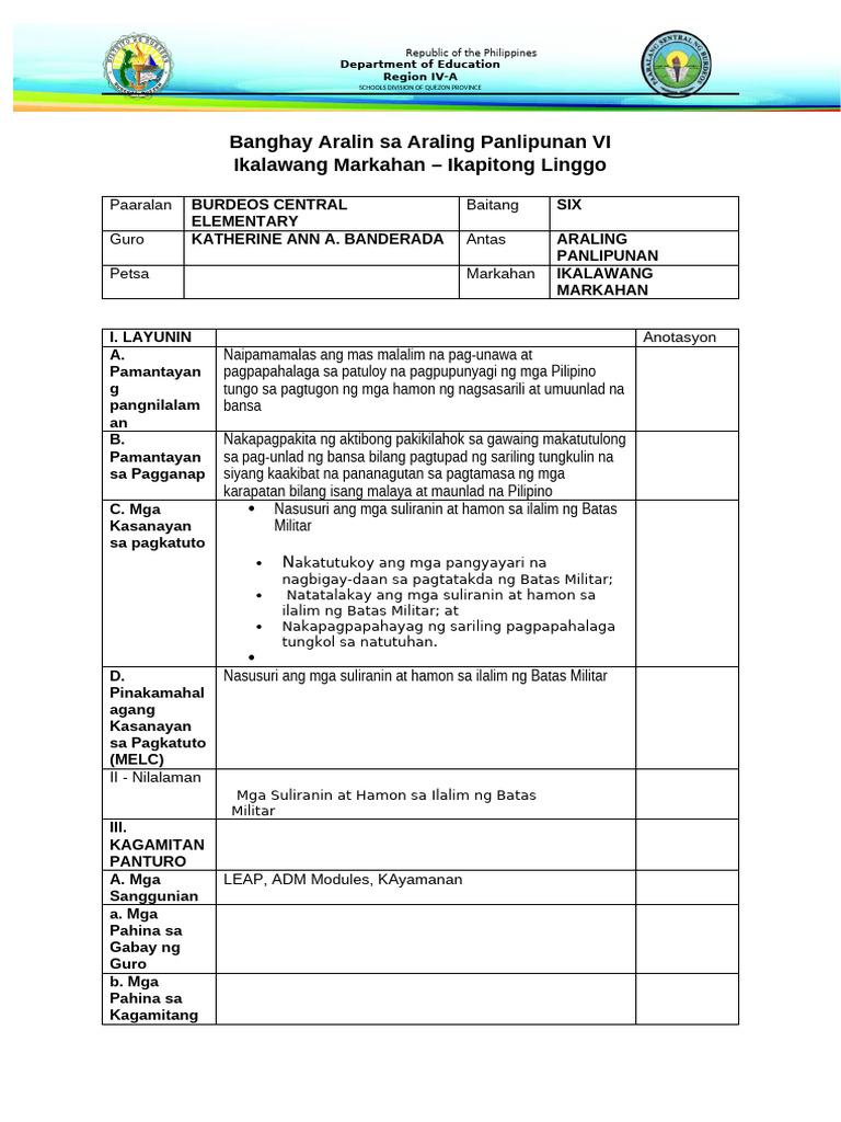 Banghay Aralin Sa Araling Panlipunan VI DLL Co2 | PDF