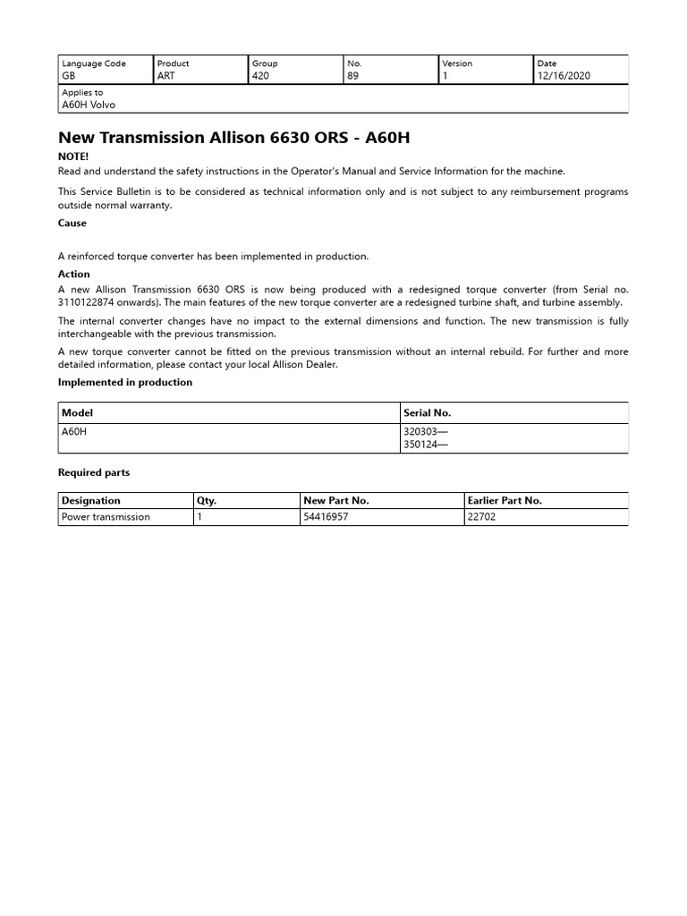 A60H Volvo New Allison Transmission Update | PDF