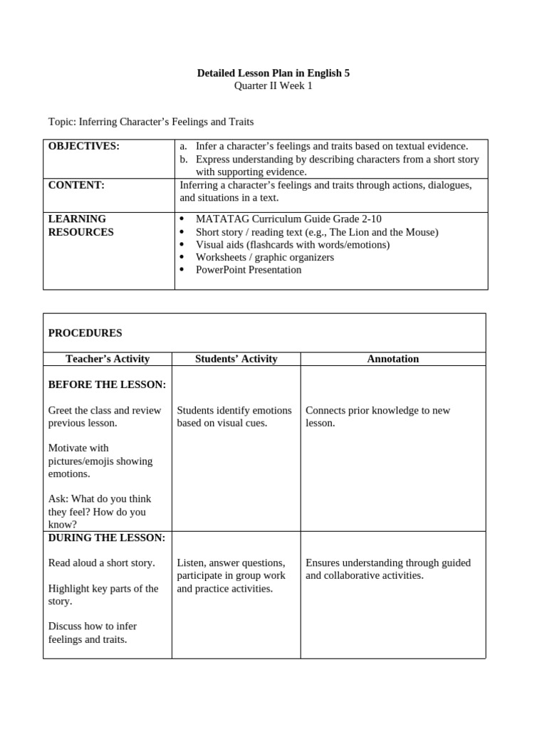 Grade 5 Lesson Plan: Inferring Characters | PDF | Learning | Lesson Plan