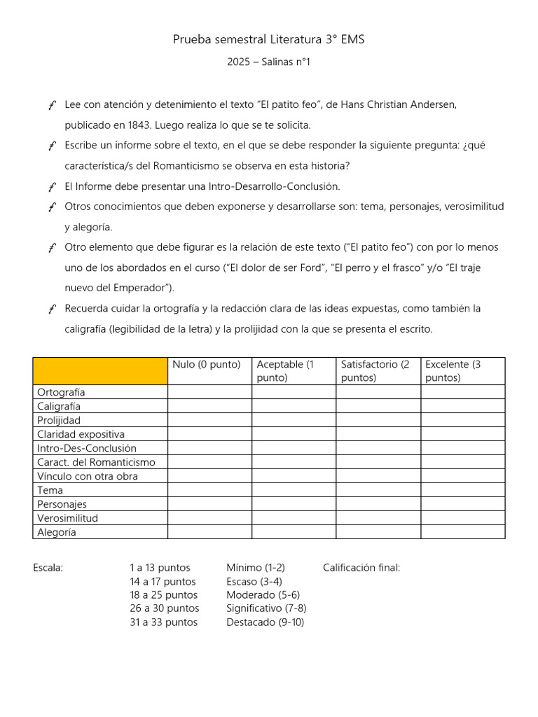 Prueba Semestral Literatura 3 | PDF
