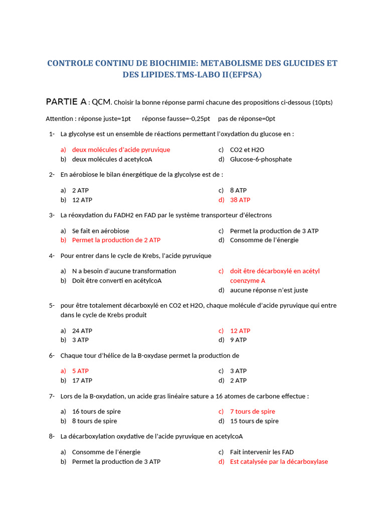Controle Continu de Biochimie Épreuve de Biochimie | PDF | Glycolyse ...