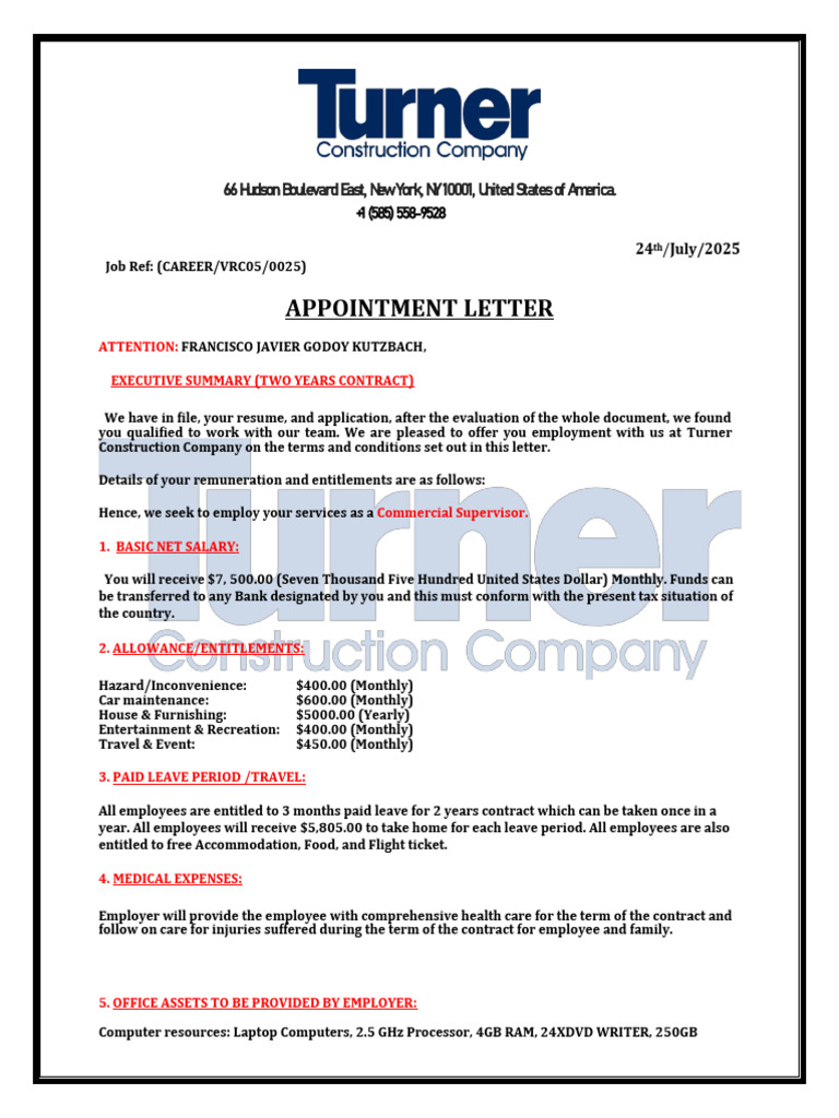 Turner Construction Appointment Letter | PDF | Employment