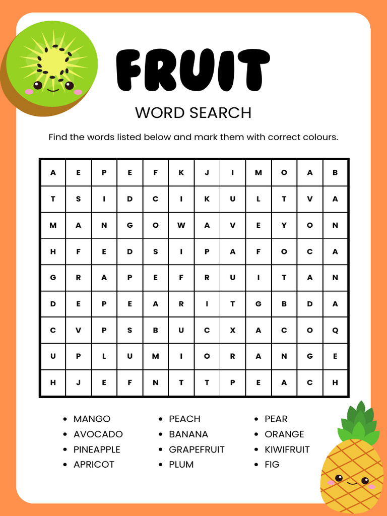 Fruit Orange White English Word Search | PDF