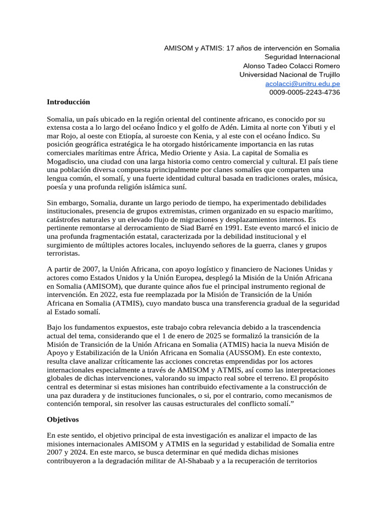 Impacto de AMISOM y ATMIS en Somalia | PDF | Misión de la Unión ...