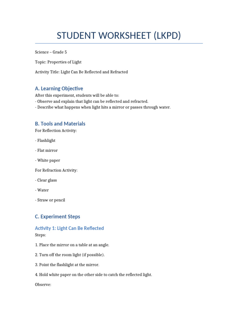 Properties of Light: Reflection & Refraction Worksheet | PDF | Light ...
