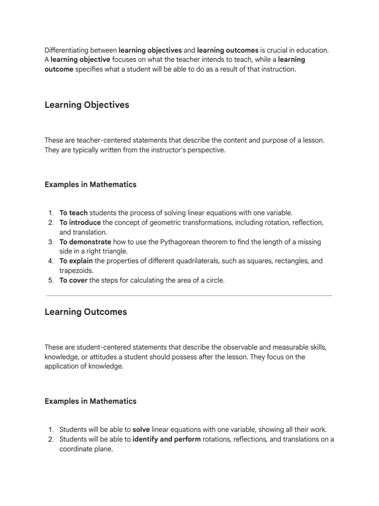 Math Learning Objectives vs. Outcomes | PDF | Mathematics | Circle
