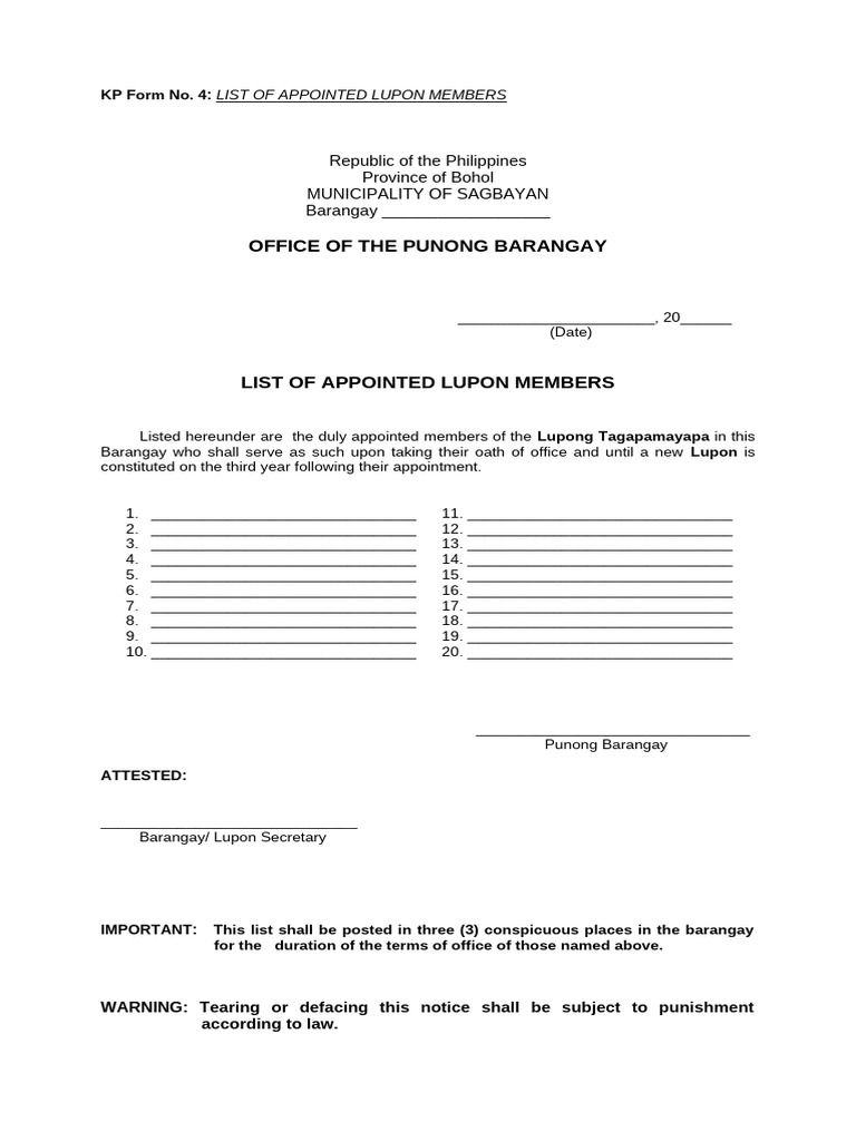 KP Form No 4. List of Appointed Lupon Members | PDF