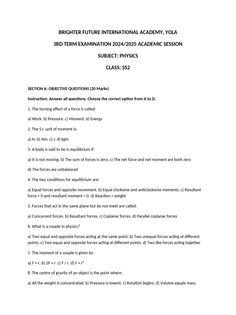 SS2 Physics 3rd Term Exam 2024/2025 | PDF | Buoyancy | Density