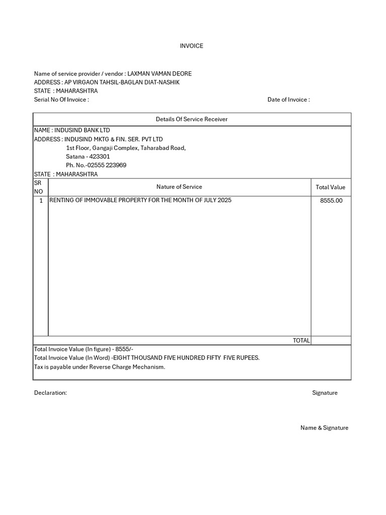 Rent Invoice July 2025 | PDF