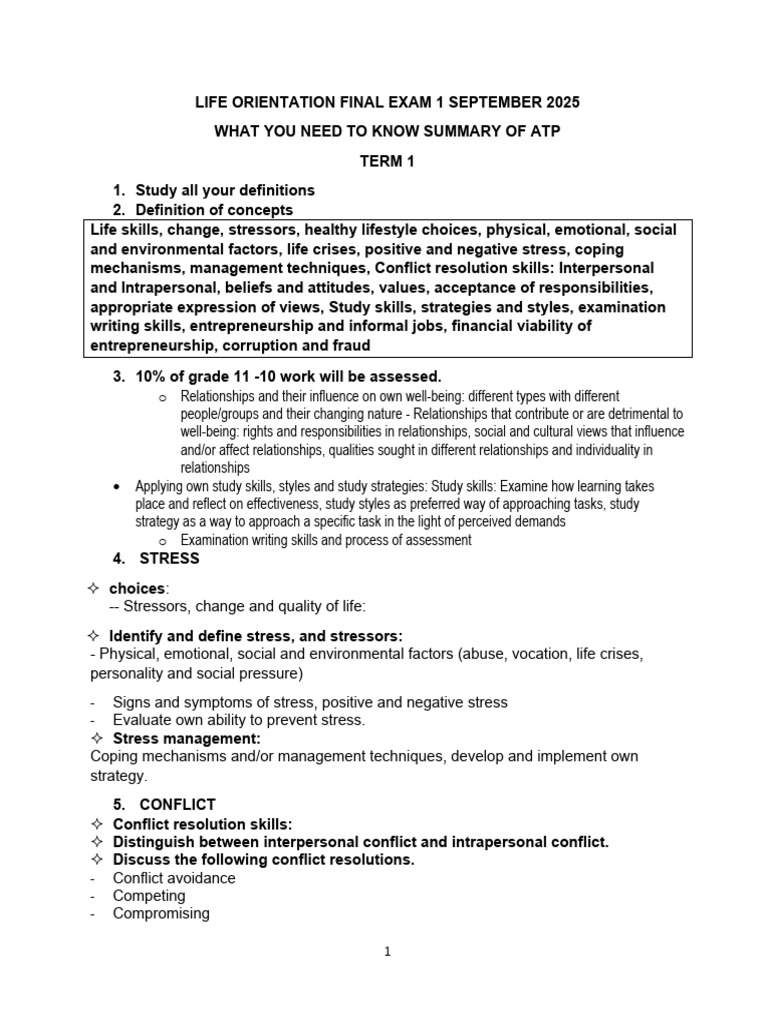 Life Orientation Exam Scope 2025 | PDF | Stress (Biology) | Well Being