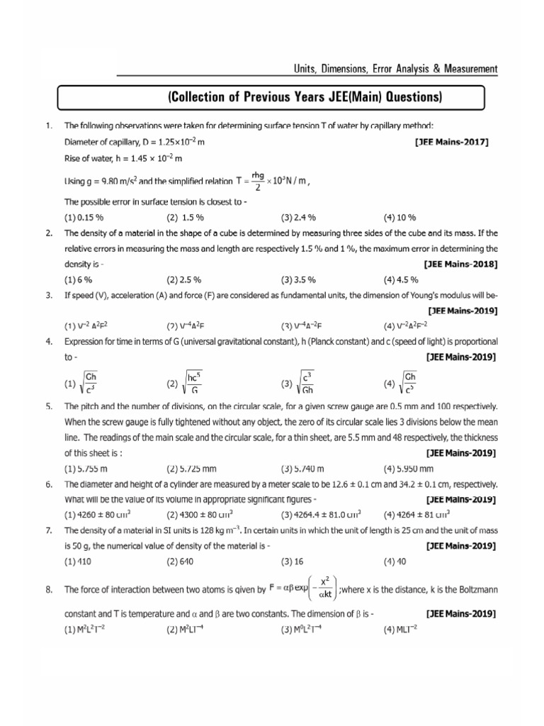 JEE PYQs Unit and Dimensions | PDF