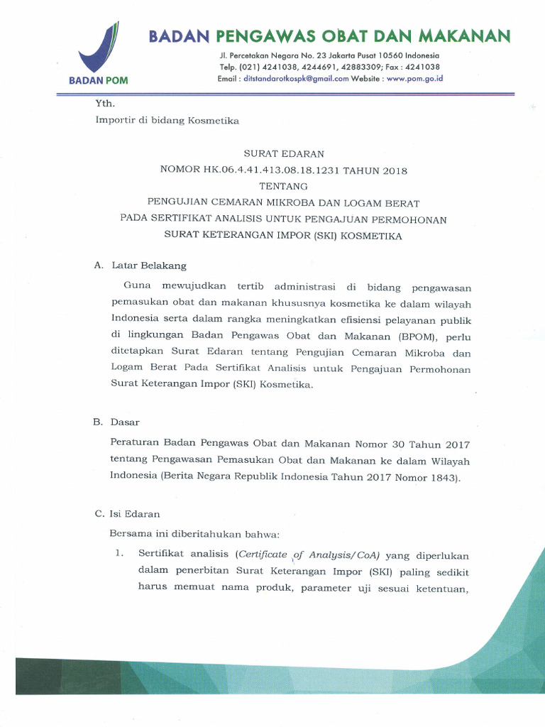 SE BPOM 1231 2018 - Cemaran Mikroba Dan Logam Berat Untuk CoA SKI | PDF