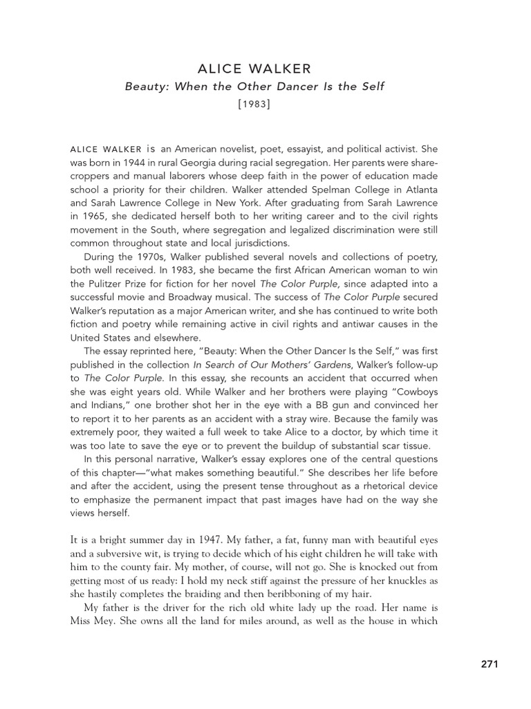 Alice Walker's "Beauty" Essay Analysis | PDF