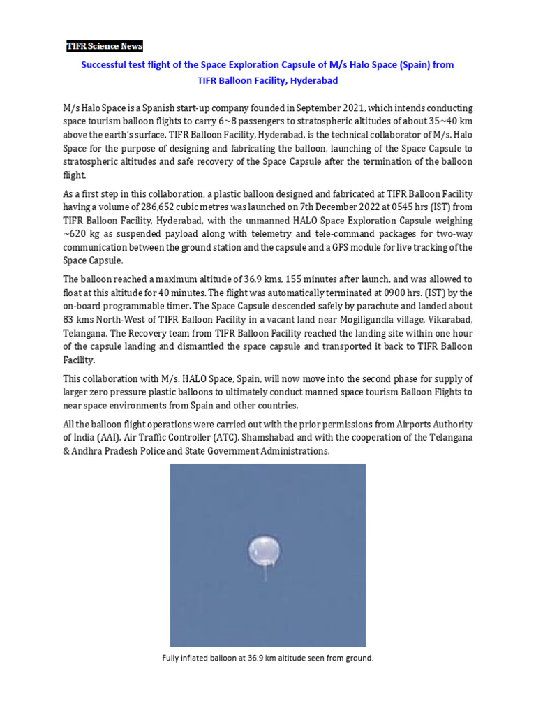 Halo Space Capsule Test Flight Success | PDF | Balloon (Aeronautics ...