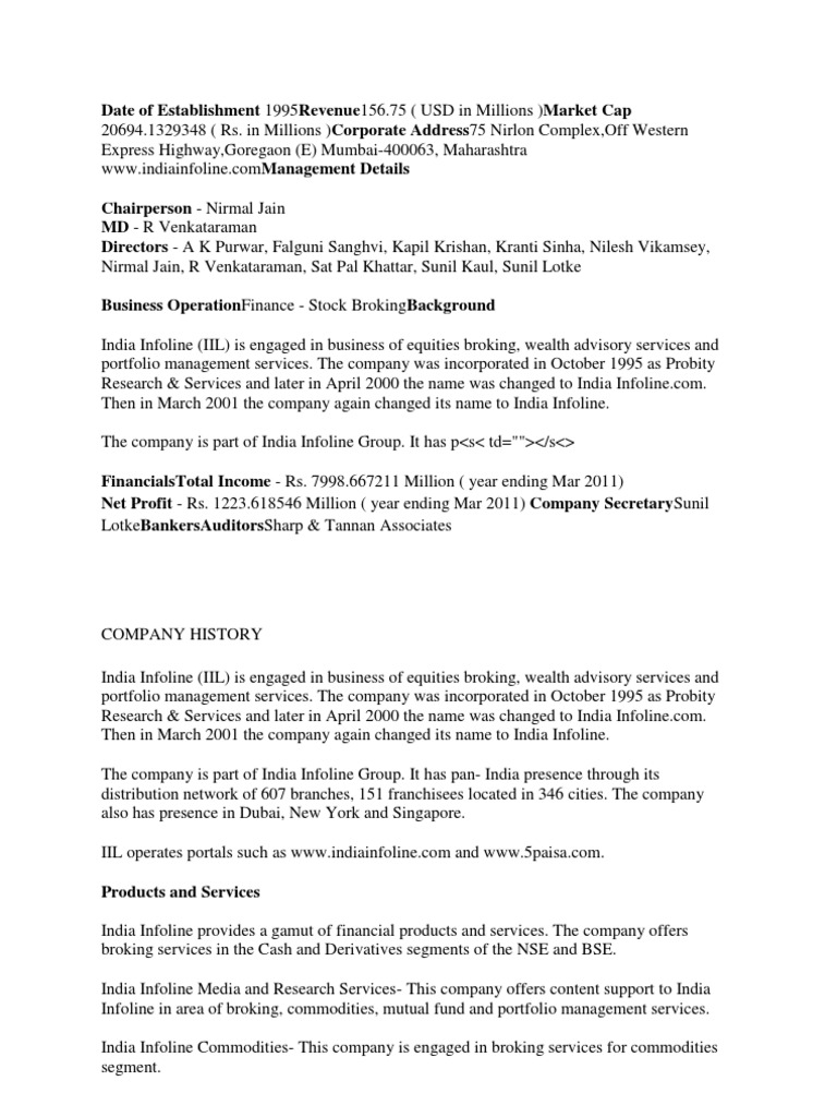 India Infoline Company Profile | PDF | Investment Banking | Wealth ...