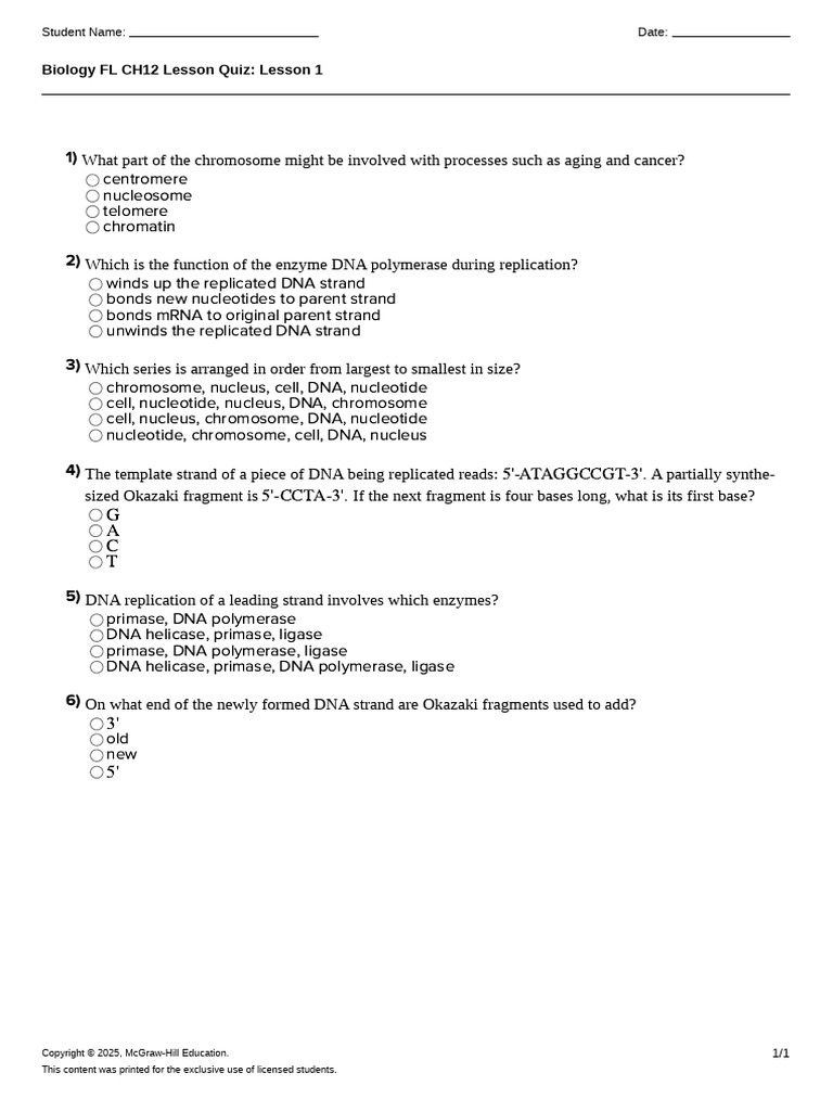 DNA Replication Quiz and Concepts | PDF