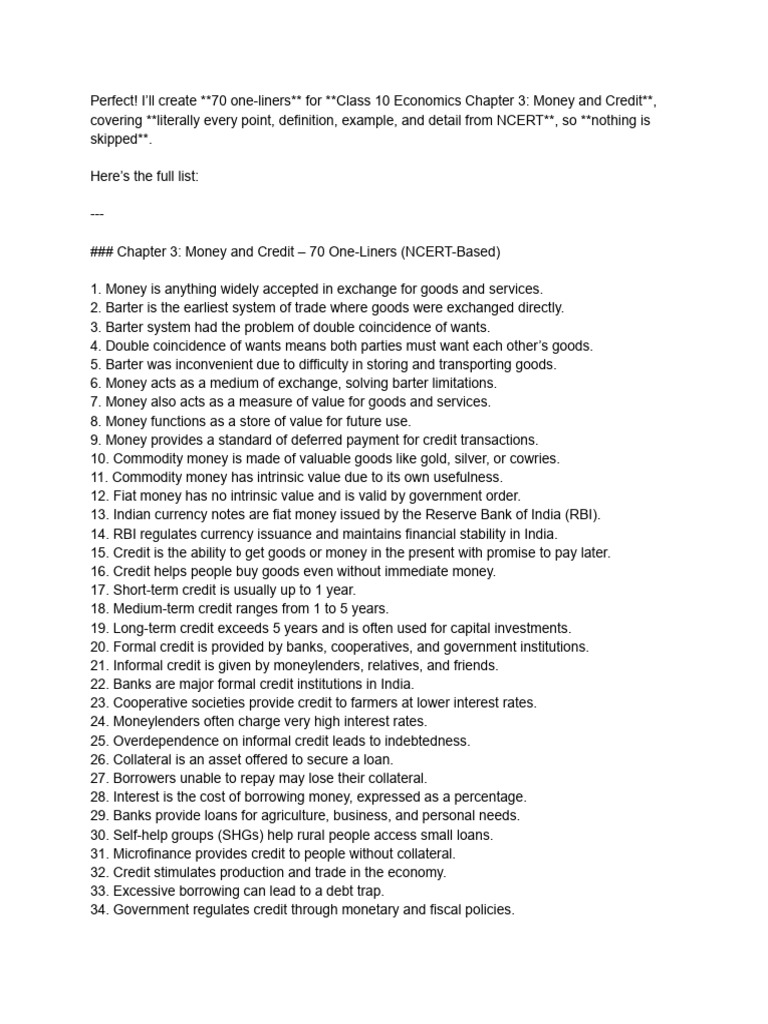 Class 10 Economics: Money and Credit Insights | PDF | Money | Loans