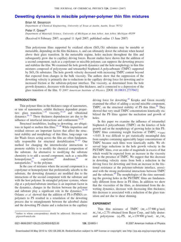 Besancon, Green - 2007 - Dewetting Dynamics in Miscible Polymer-Polymer ...