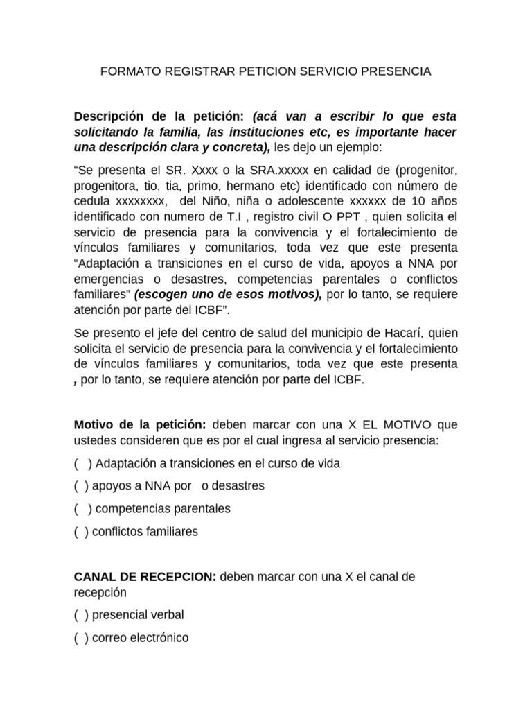 FORMATO REGISTRAR PETICION SERVICIO PRESENCIA | PDF
