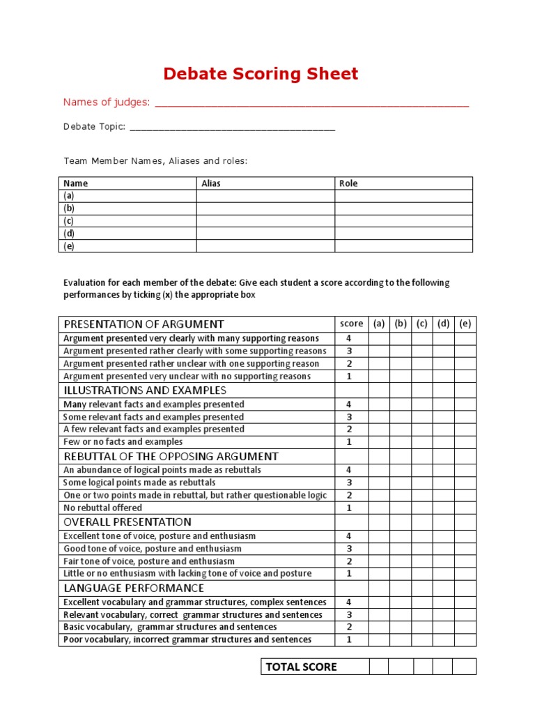 Debate Scoring Sheet Template | PDF | Teaching Methods & Materials ...