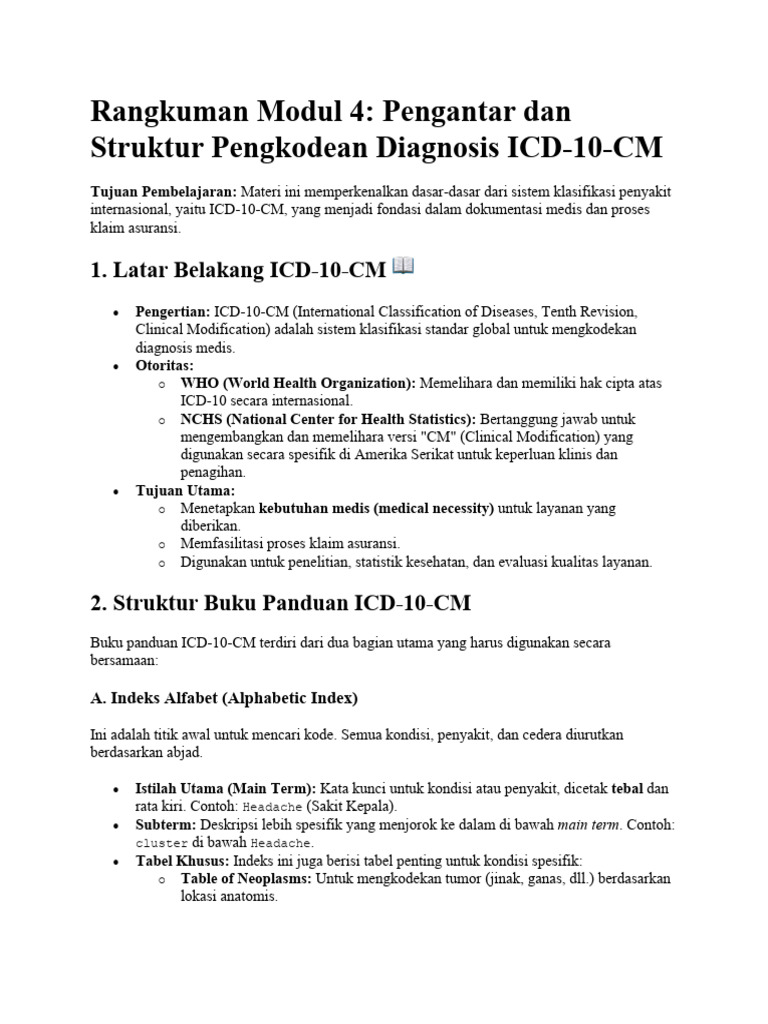 Rangkuman Modul 4 - Pengantar Dan Struktur Pengkodean Diagnosis ICD 10 CM | PDF