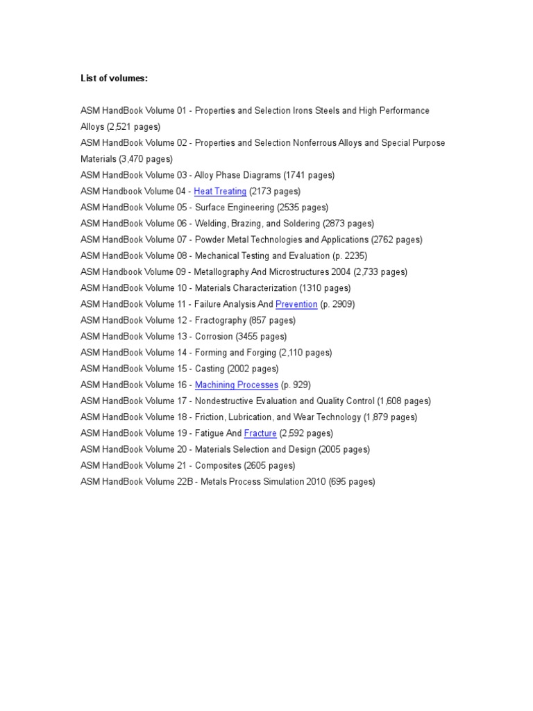 ASM HANDBOOK - List of Volumes | PDF | Alloy | Procedural Knowledge