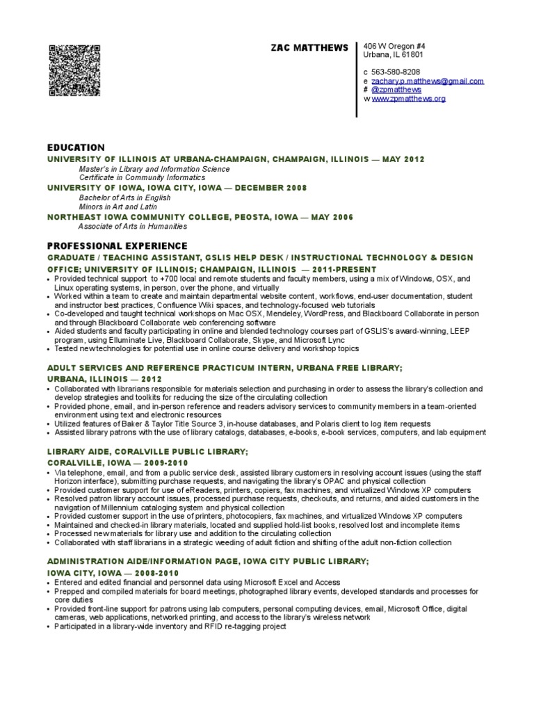 Zac Matthews Résumé | PDF | Librarian | Libraries