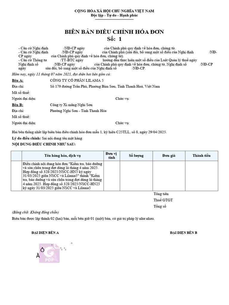 Bien Ban Dieu Chinh Hoa Don - 20250711141017 N I Dung 1 | PDF