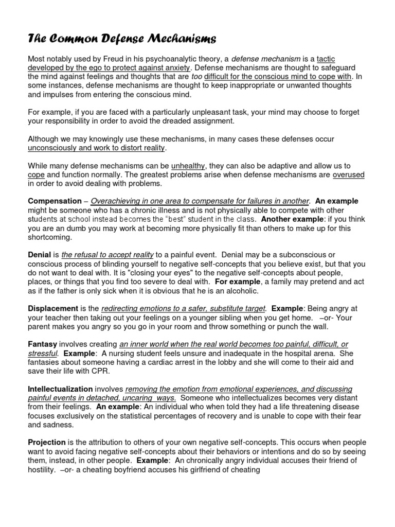 Freud S Defense Mechanisms Worksheet