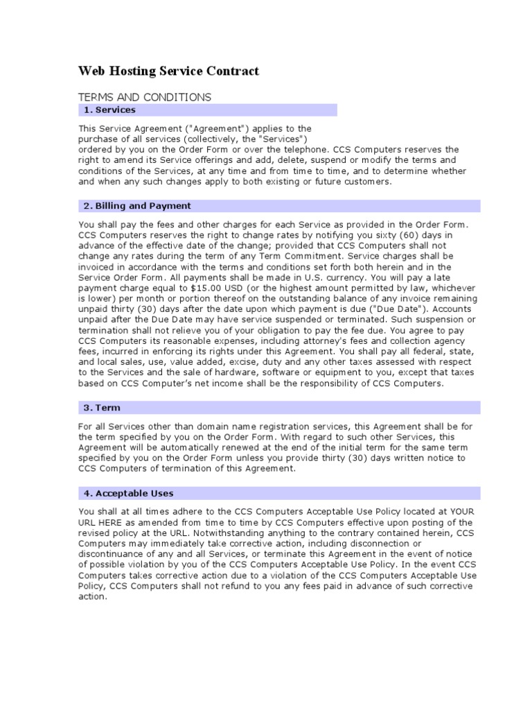 Web Hosting Service Contract | PDF | Indemnity | Fee