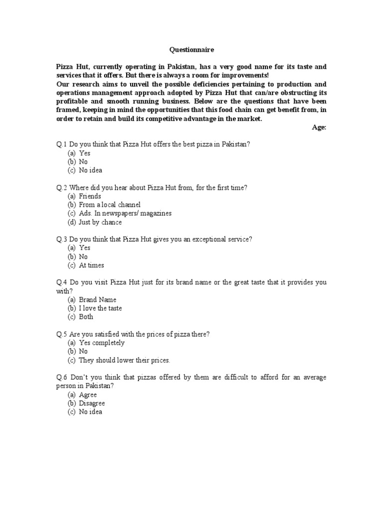 Questionnaire | PDF | Pizza | Processes