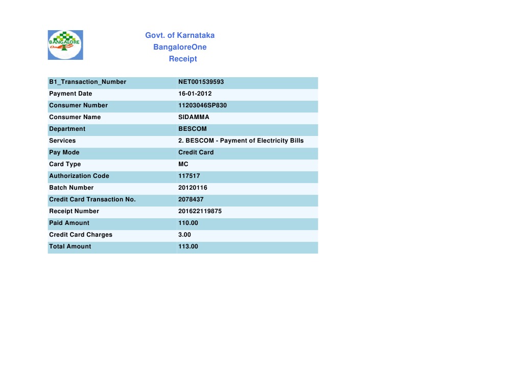 BESCOM Electricity Bill Payment Receipt | PDF