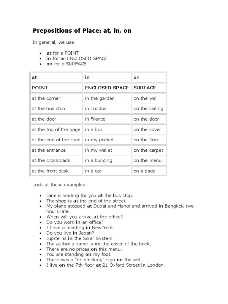 Prepositions of Place | PDF