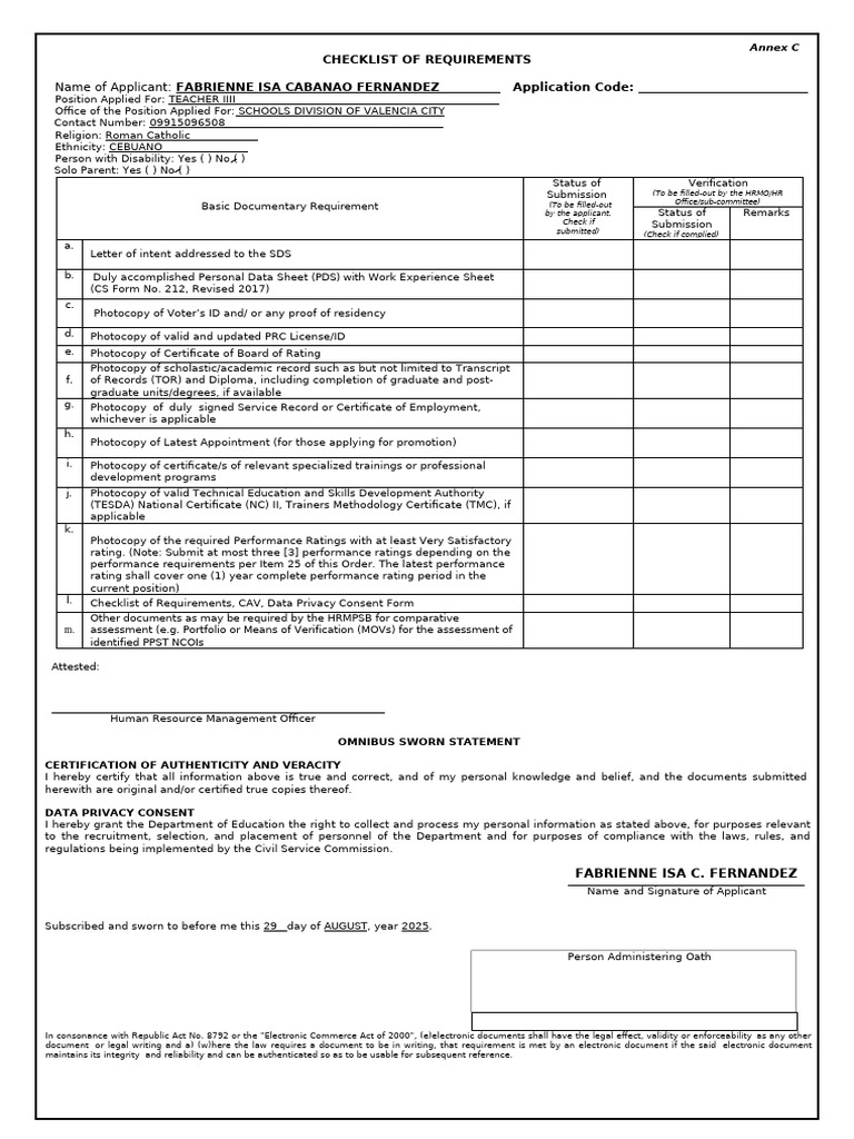 Annex C: Teacher III Application Checklist | PDF