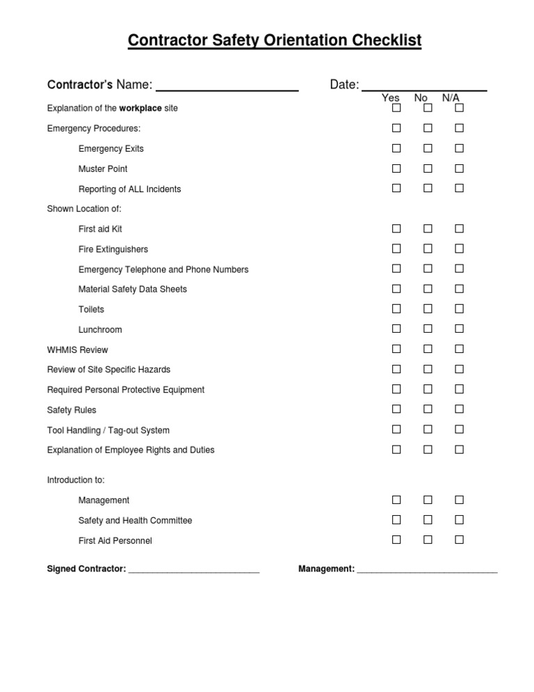 Contractor Safety Orientation Checklist | PDF