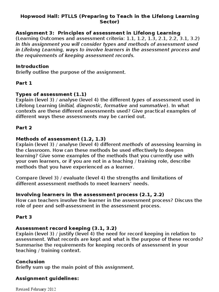 New PTLLS Assignment 3 Levels 3 and 4 Revised February 2012 | Download ...