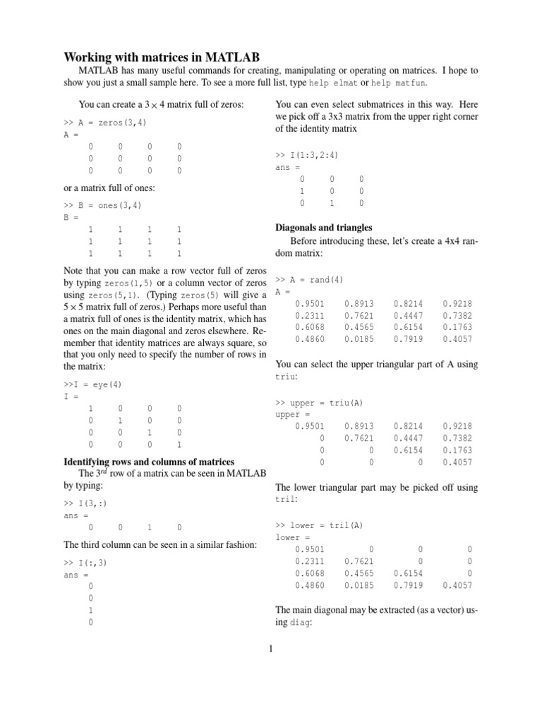 Working With Matrices In Matlab Diagonals And Triangles Pdf Matrix 