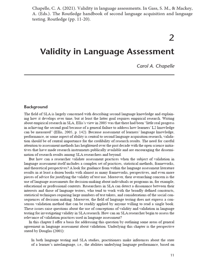 Chapelle - 2021 - Validity in Language Assessment | PDF | Validity (Statistics) | Second ...