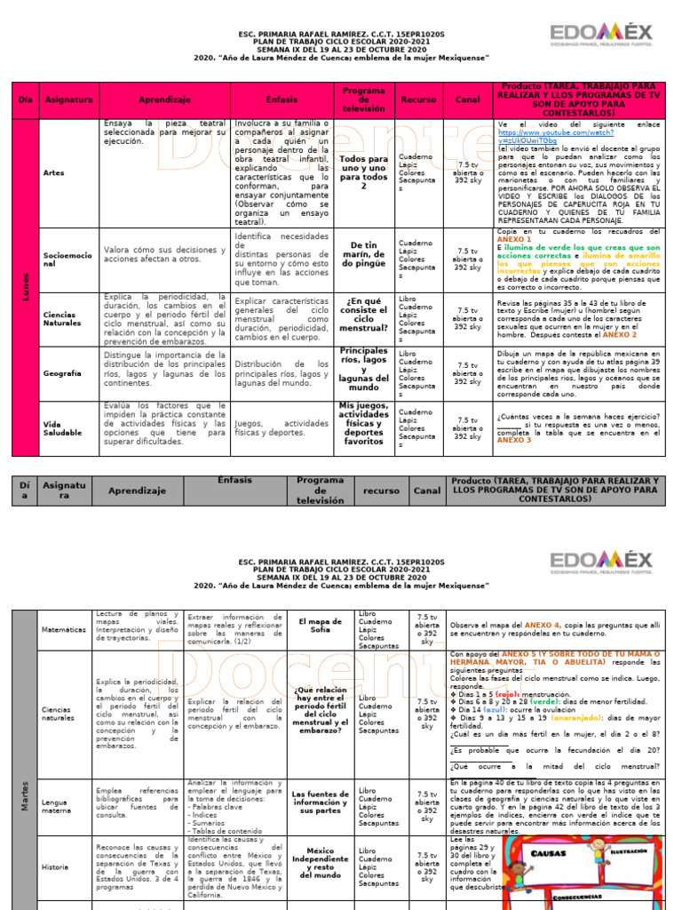 Planificacion Semana Ix Del 19 Al 23 de Octubre 2020 | PDF ...