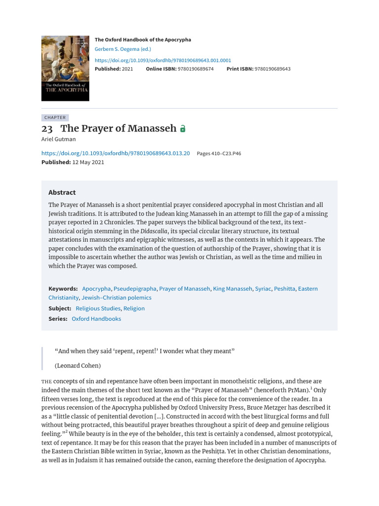 The Prayer of Manasseh: An Analysis | PDF | Bible | Prayer