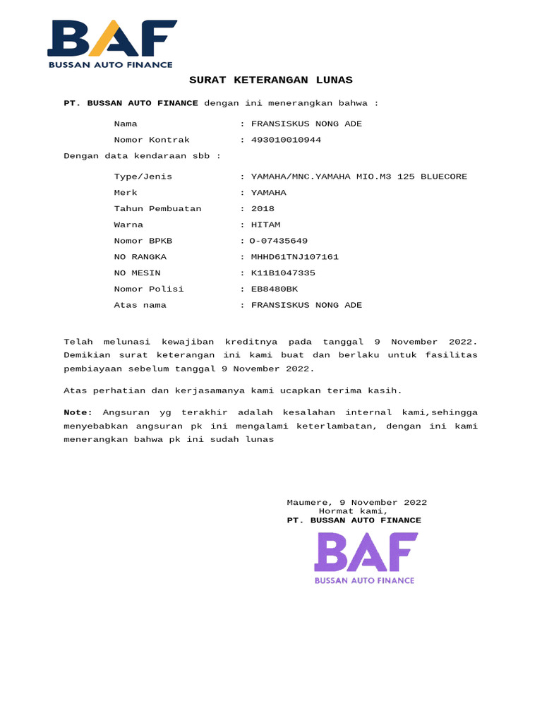 Surat Keterangan Lunas Baf | PDF