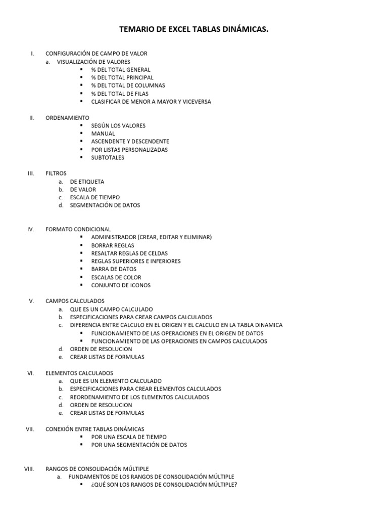 Temario Excel Tablas Dinámicas | PDF | Microsoft Excel | Informática