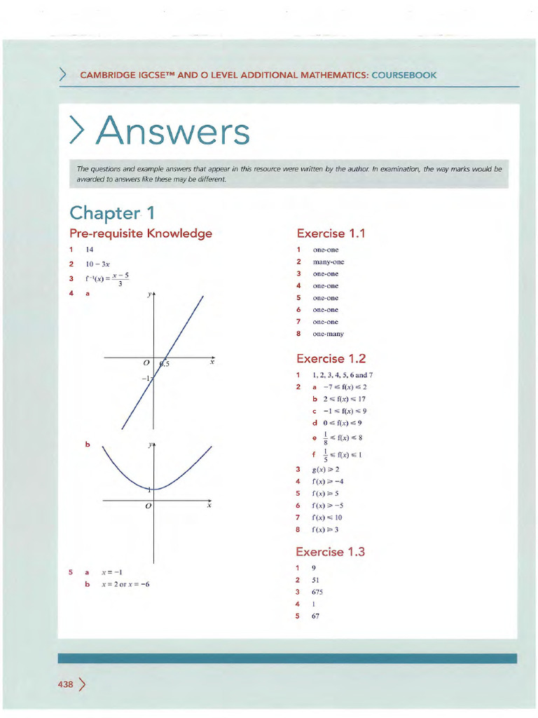 Cambridge IGCSE and O Level Additional Mathematics Coursebook, 3rd Edition - ANSWERS | PDF