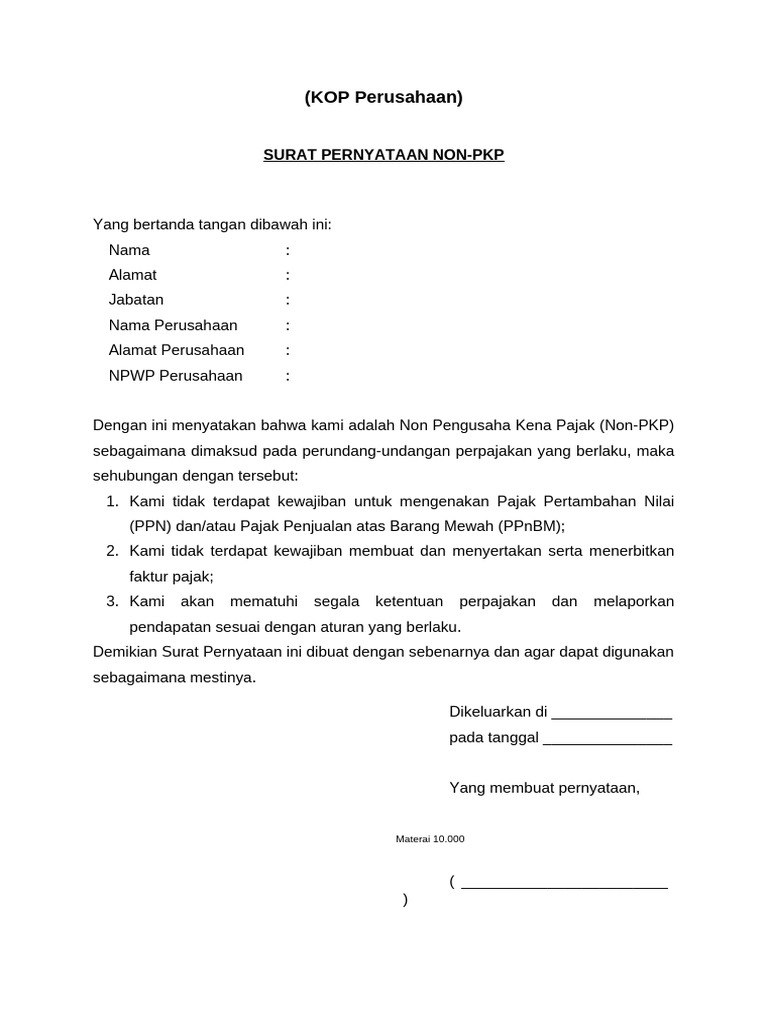 Surat Pernyataan Non-PKP Perusahaan | PDF