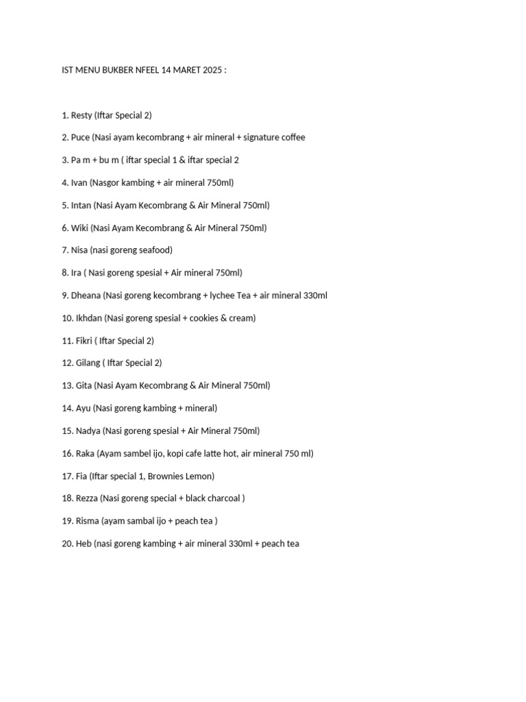 List Menu Bukber Nfeel 14 Maret 2025 | PDF